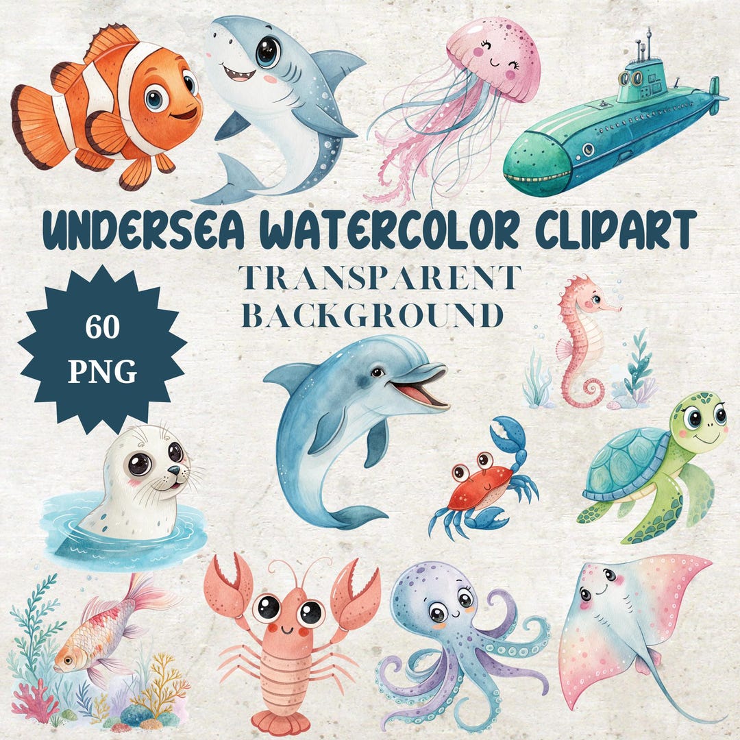 Watercolor Undersea Clipart, 60 Cute Sea Animals Png With Transparent ...