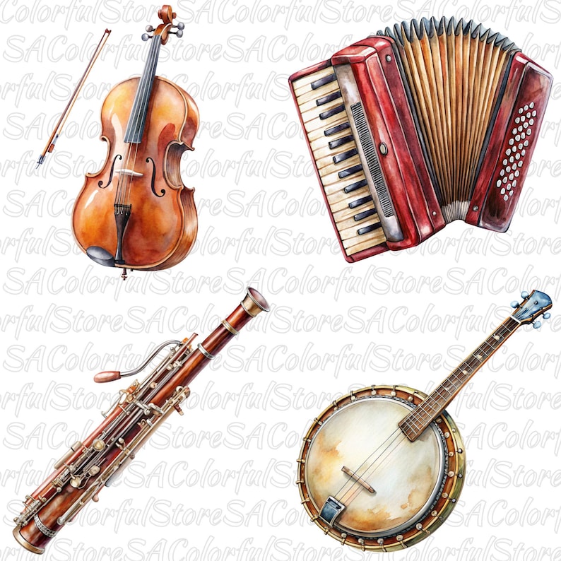 Watercolor Musical Instruments Clipart Bundle: 32 PNG Illustrations ...