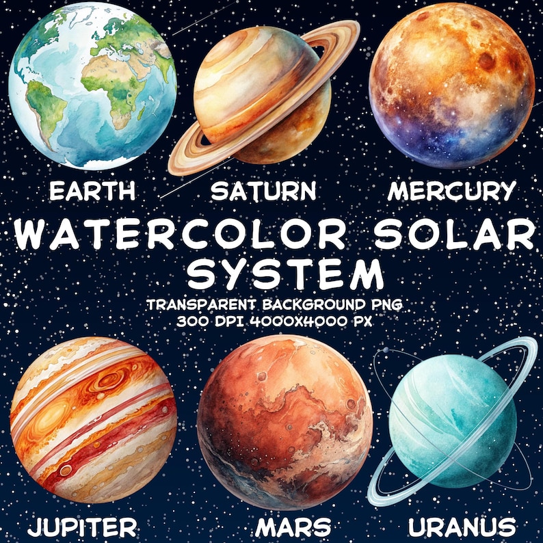 Watercolor Solar System Clipart: Planets PNG Bundle (digital Download ...