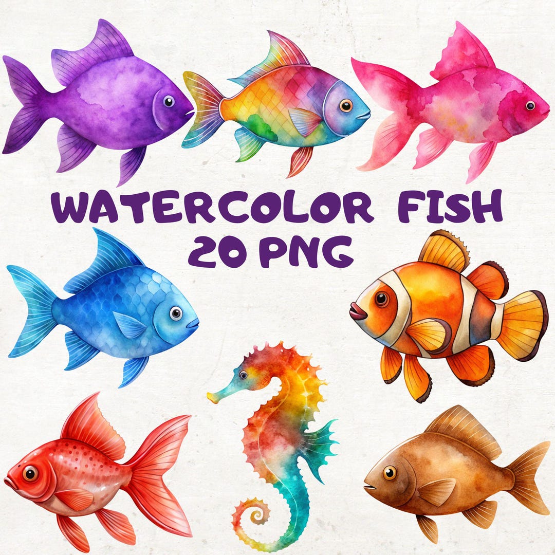 Watercolor Fish Clipart: 20 PNG Sea Life Illustrations (digital ...