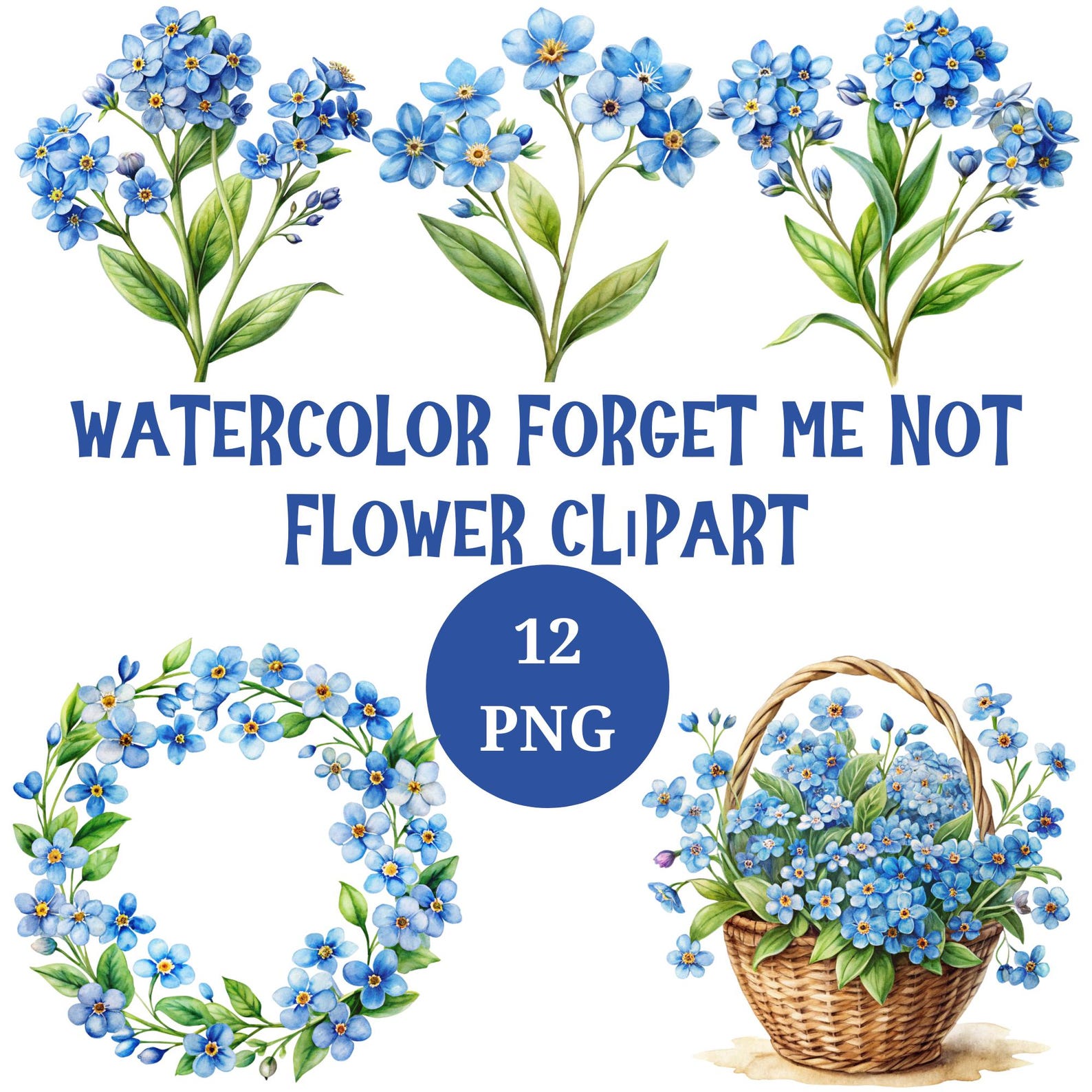 Watercolor Forget Me Not Clipart Bundle: Blue Floral Pngs (digital ...