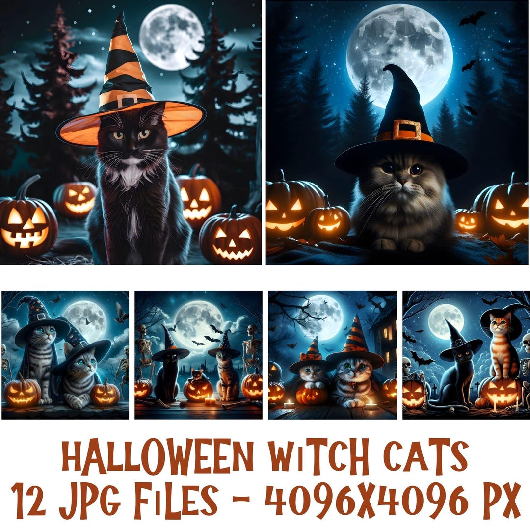 Halloween Witch Cats Clipart, Spooky Designs (12 JPG) - Etsy