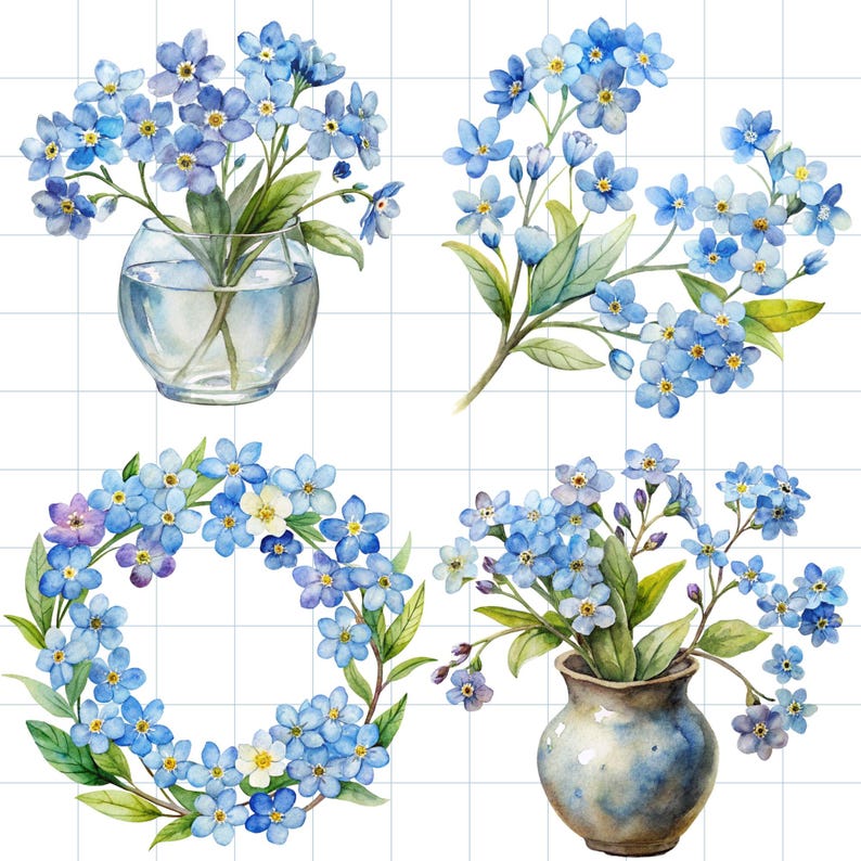 Watercolor Forget Me Not Clipart Bundle: Blue Floral PNG (digital ...