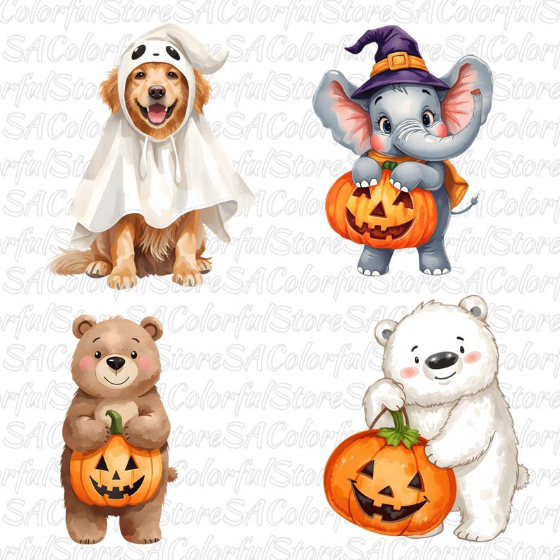 Halloween Animal Clipart Bundle, Spooky Kawaii PNG Graphics (commercial ...