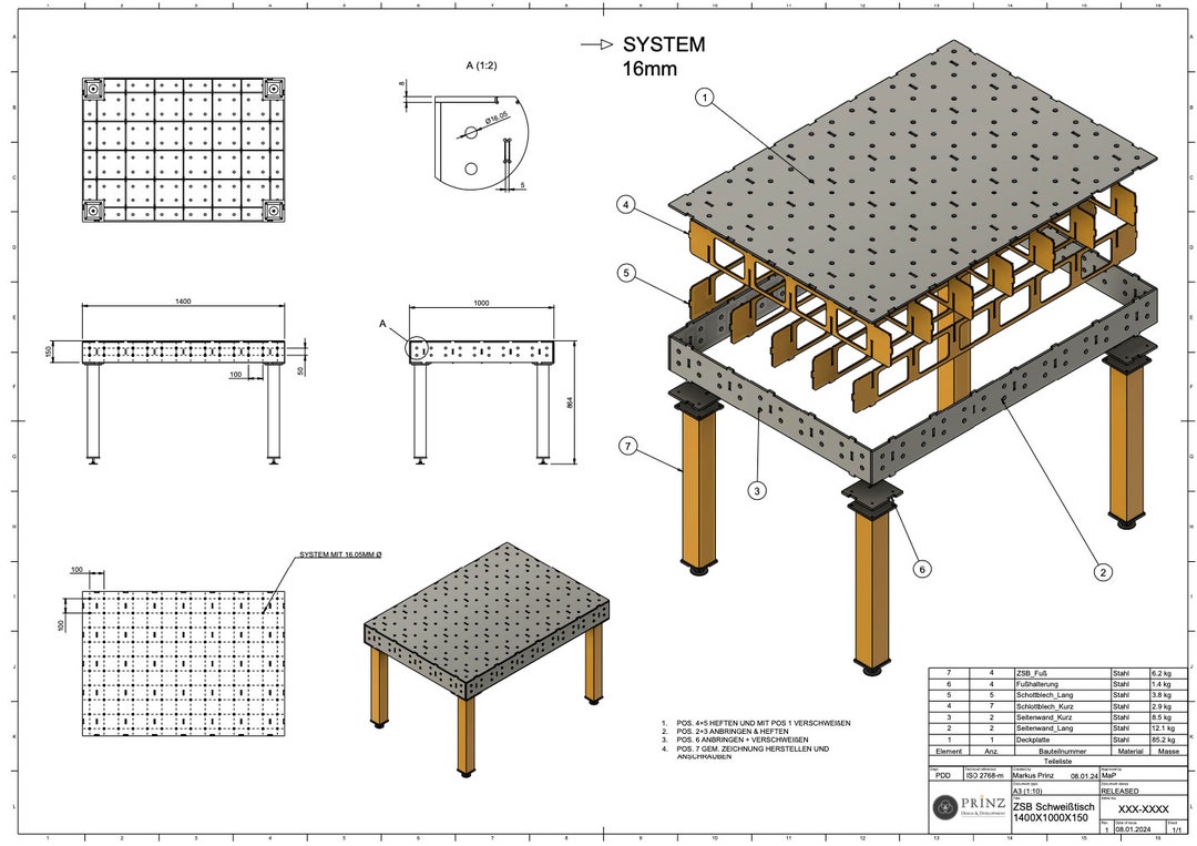 System 16 Mm Welding Table 1400x1000x150x8mm Welding Table DXF & STEP ...