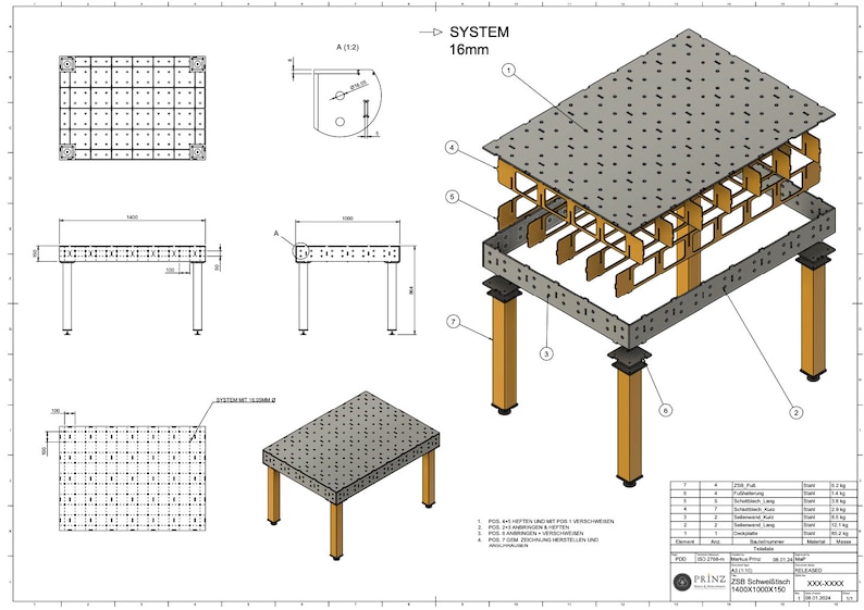System 16 Mm - Welding Table 1400x1000x150x8mm - Welding Table - DXF ...