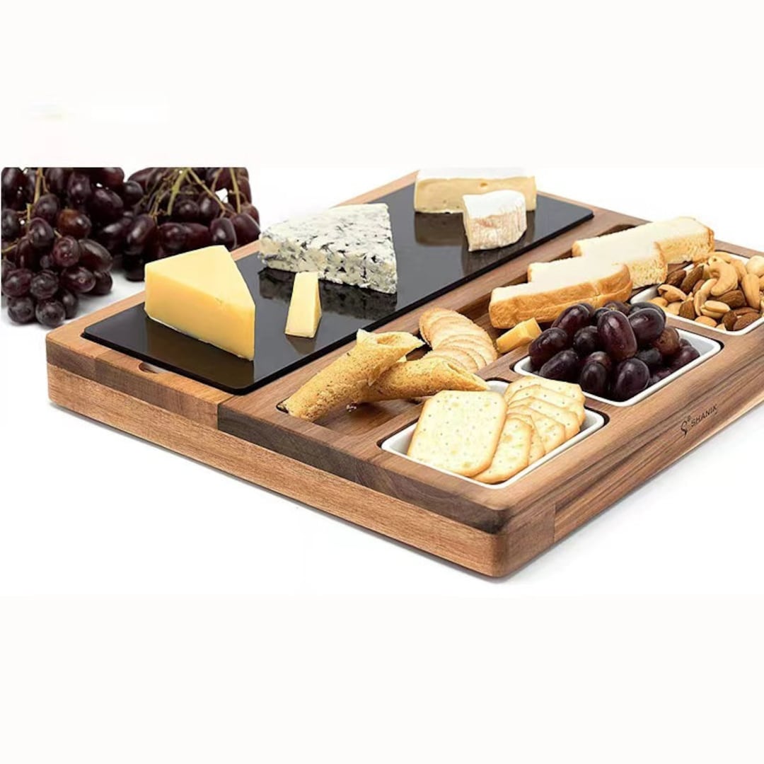 Solid Wood Cheese Board Set With 6 Piece Stainless Steel Cutlery Set ...