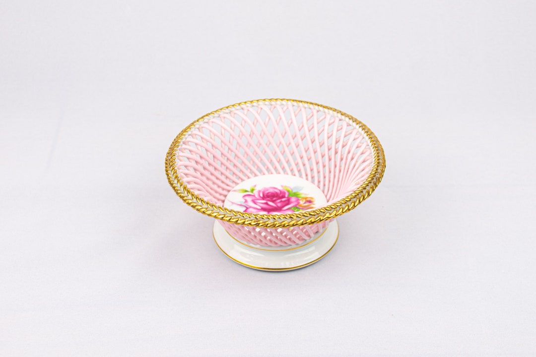 Vintage Kasuga Ware Porcelain Rose Candy Dish Pink White Gold Japan ...