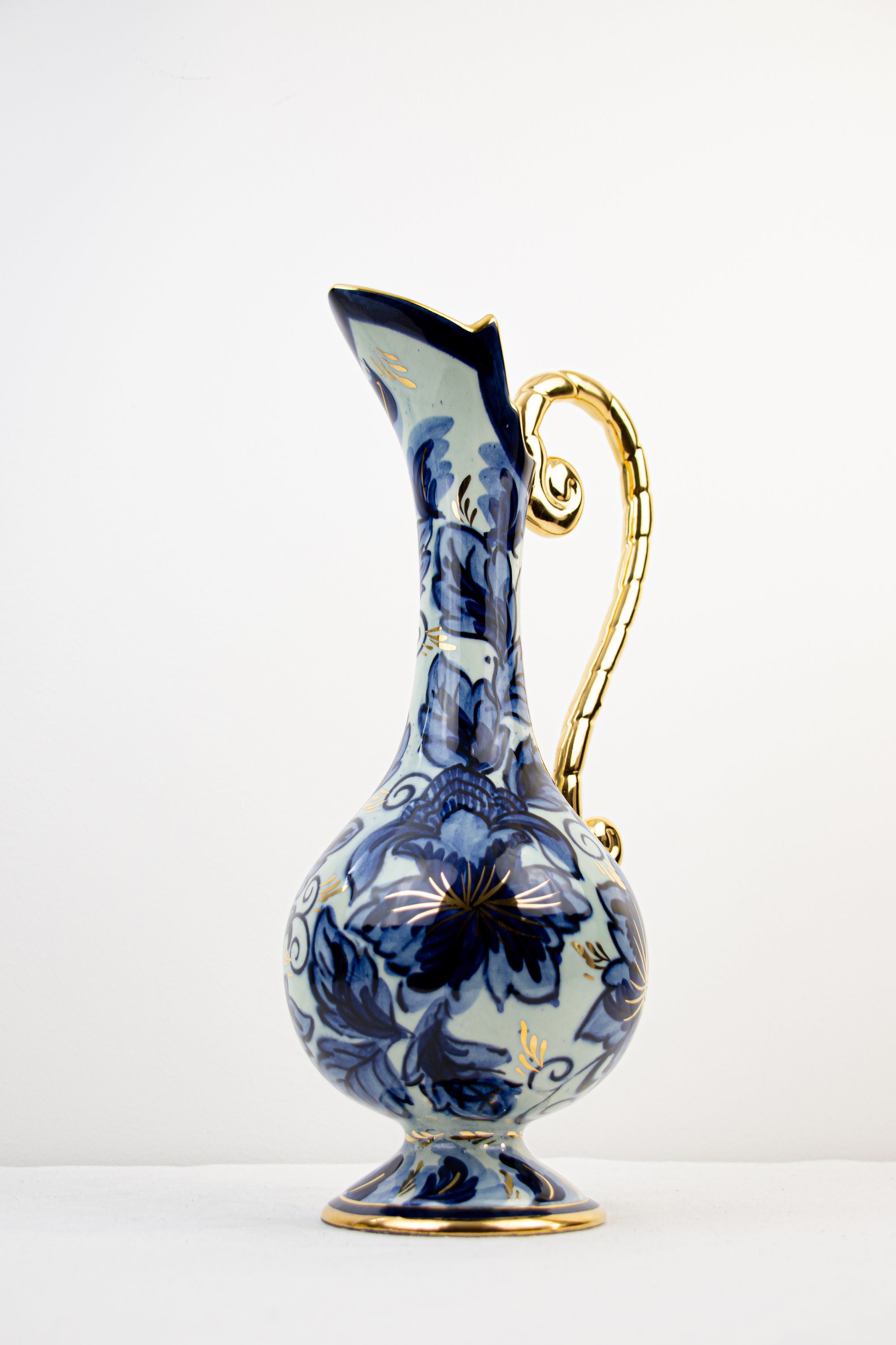Hand-painted Hubert Bequet Vase/pitcher With Cobalt Blue Flowers and ...