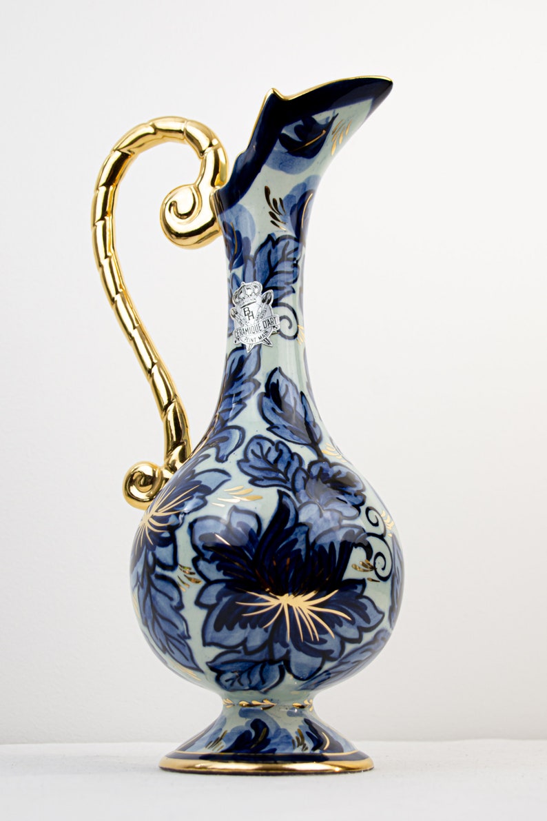 Hand-painted Hubert Bequet Vase/pitcher With Cobalt Blue Flowers and ...