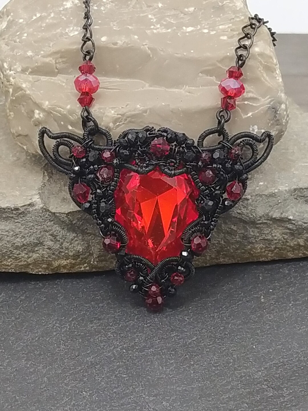 Red Crystal Pendant Necklace: Black Wire Wrapped Gothic Filigree - Etsy