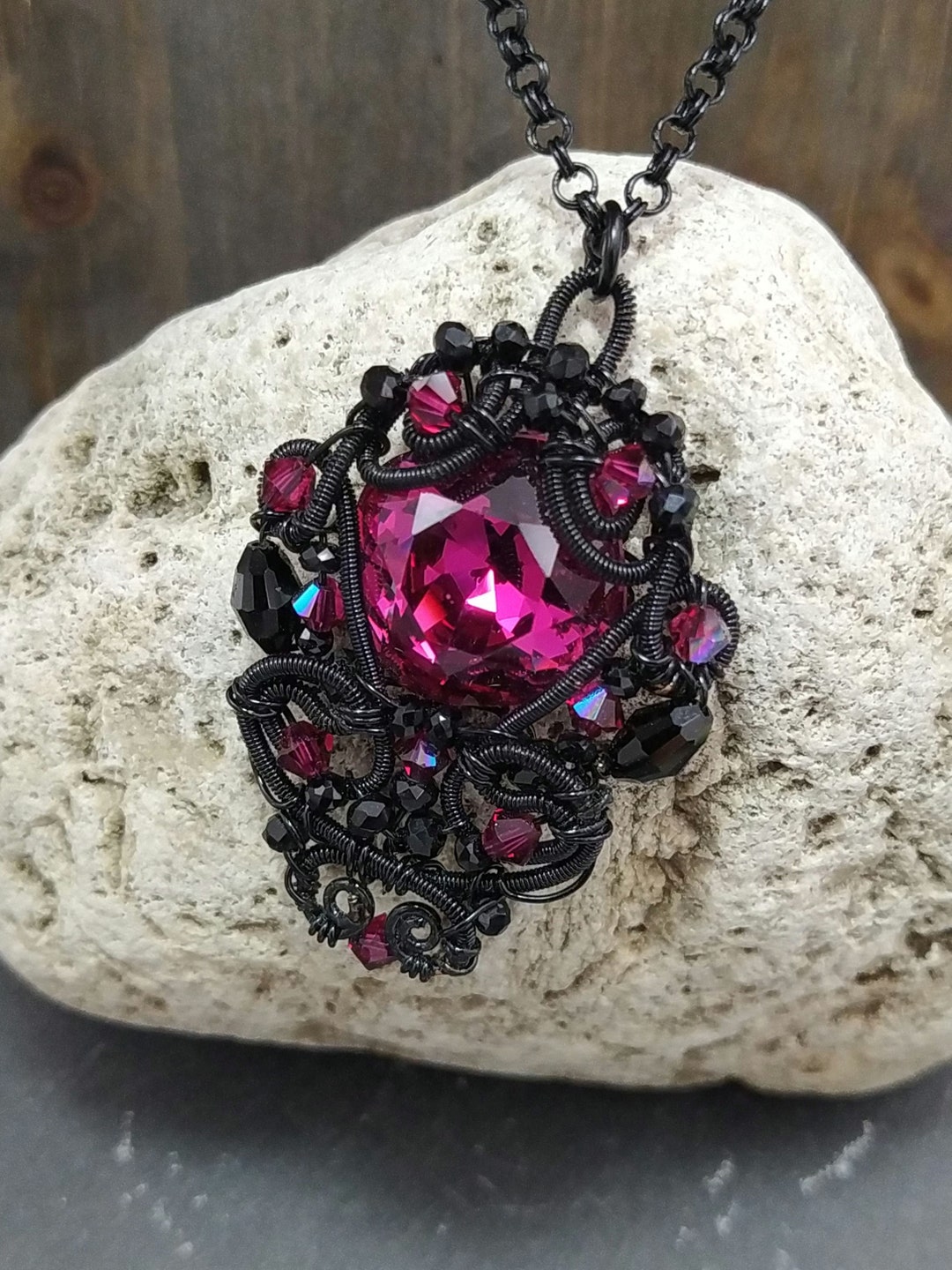Ruby Red Crystal Black Wire Wrapped Pendant, Gothic, Victorian ...