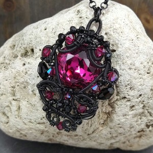 Ruby Red Crystal Black Wire Wrapped Pendant, Gothic, Victorian ...