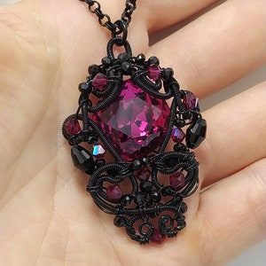 Ruby Red Crystal Black Wire Wrapped Pendant, Gothic, Victorian ...