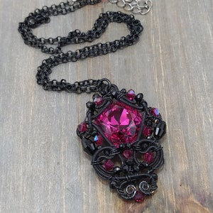 Ruby Red Crystal Black Wire Wrapped Pendant, Gothic, Victorian ...