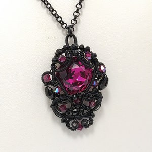 Ruby Red Crystal Black Wire Wrapped Pendant, Gothic, Victorian ...
