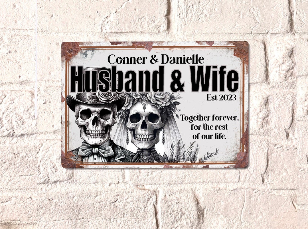 Personalised Wedding Sign Metal Wall Door Decor Gothic Skulls Bride ...