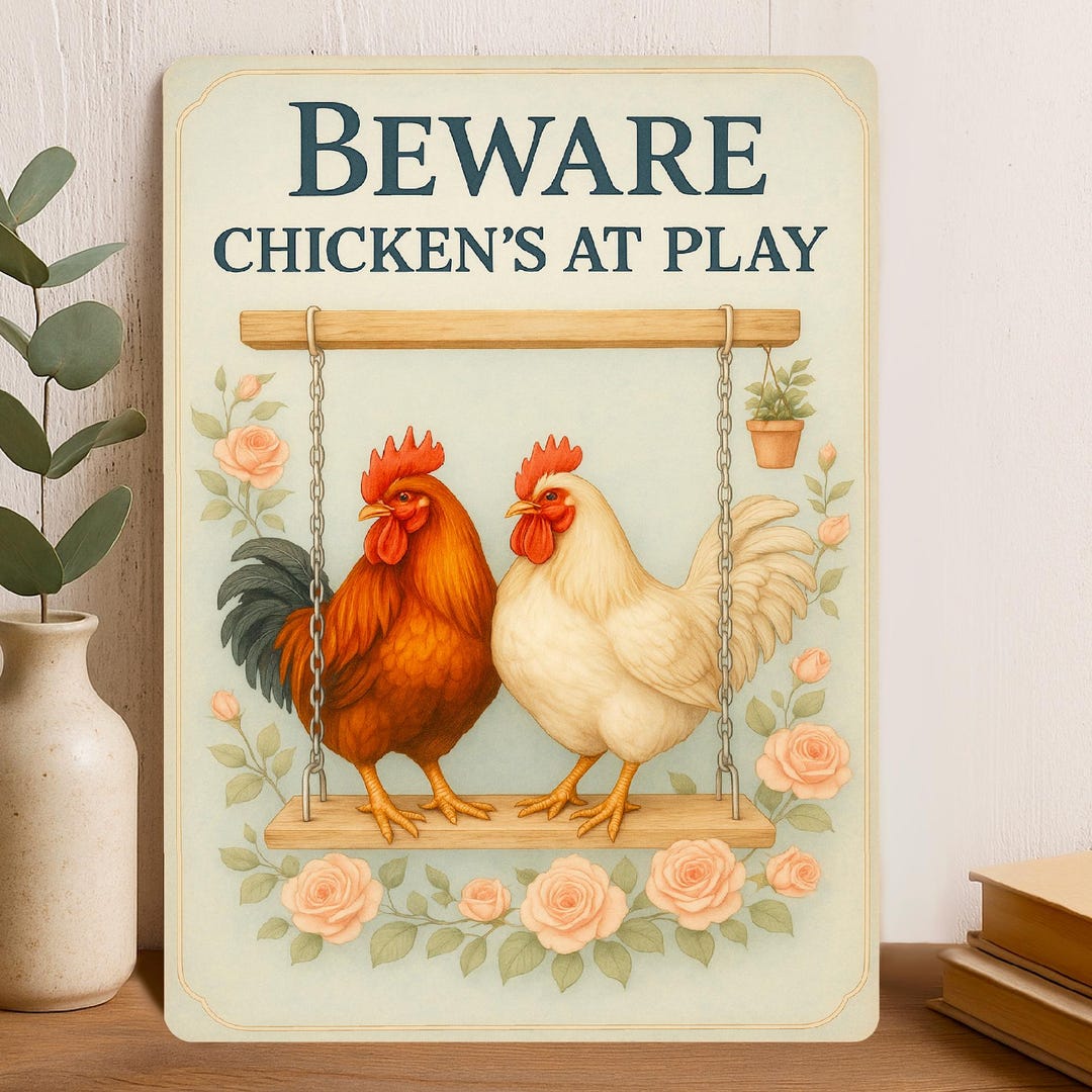 Funny Chicken Metal Sign | Beware Chickens at Play Rustic A4 Wall Art ...