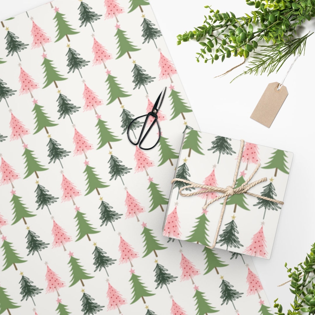 Aesthetic Pink Tree Gift Wrap, Christmas Wrapping Paper, Holiday Gift ...