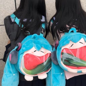 Cute Anime Character Long Blue Miku Hair Hatsune Kawaii Backpack Green ...