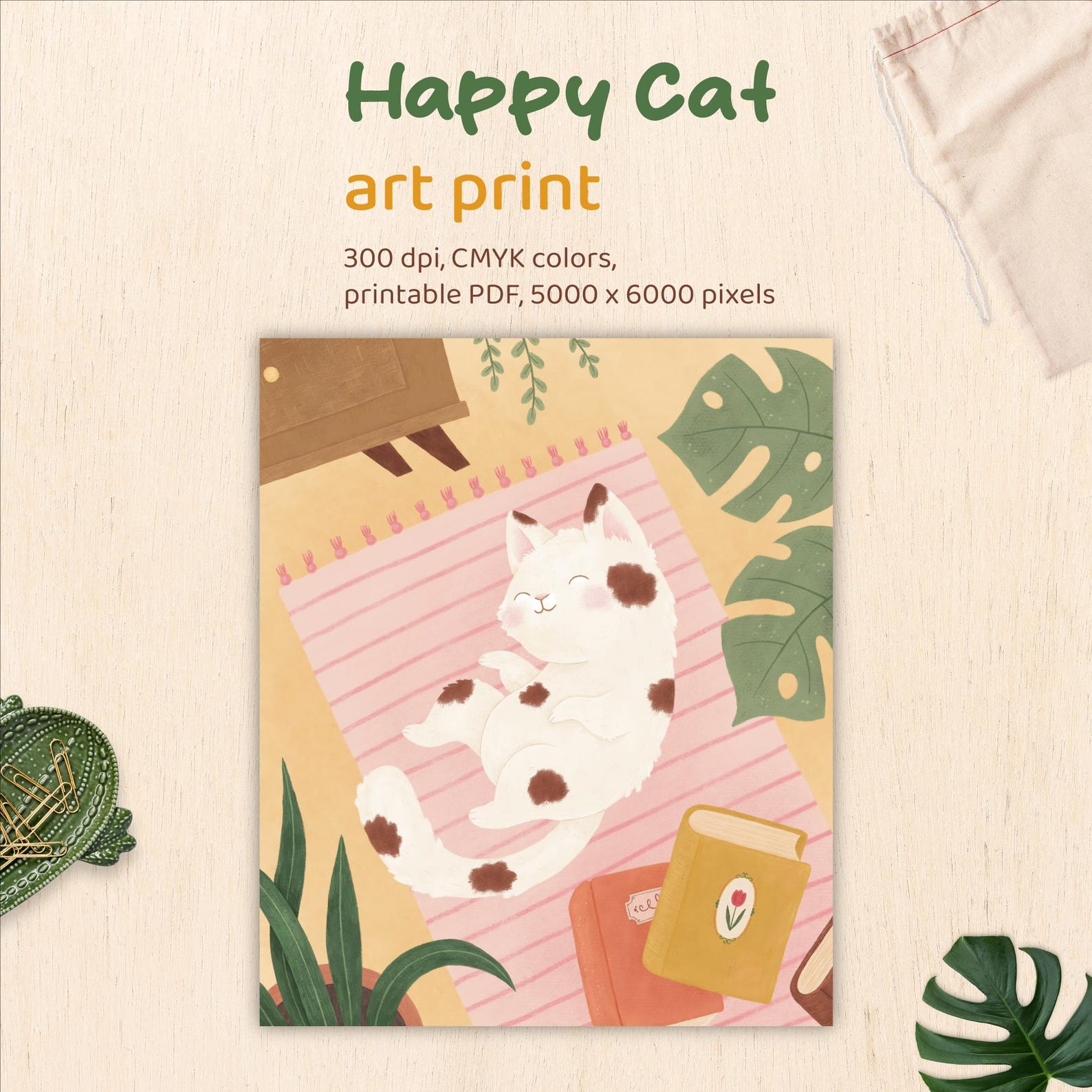 Happy Cat Art Print Gift for Her Cute Hand-drawn Illustration Cat ...