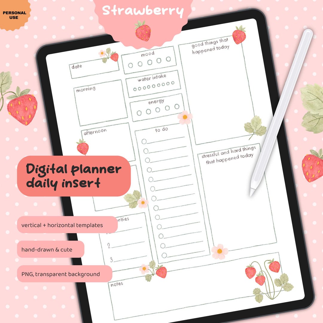 Strawberry Daily Planner Insert Hand-drawn Self-care Organizer for Cute ...