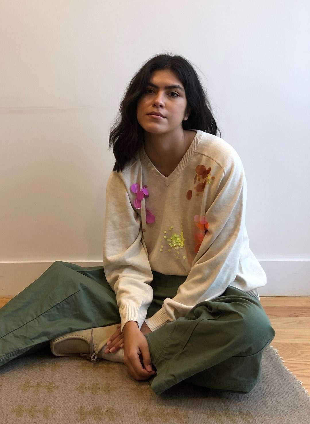 Hand Embroidered Confetti Sweater, Pima Cotton V-neck, Upcycled Beads ...