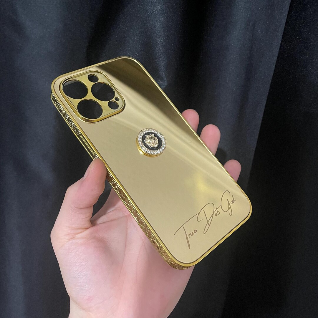 3-D Gold Plated Over Brass Lion Figured Customizable iPhone Case With ...