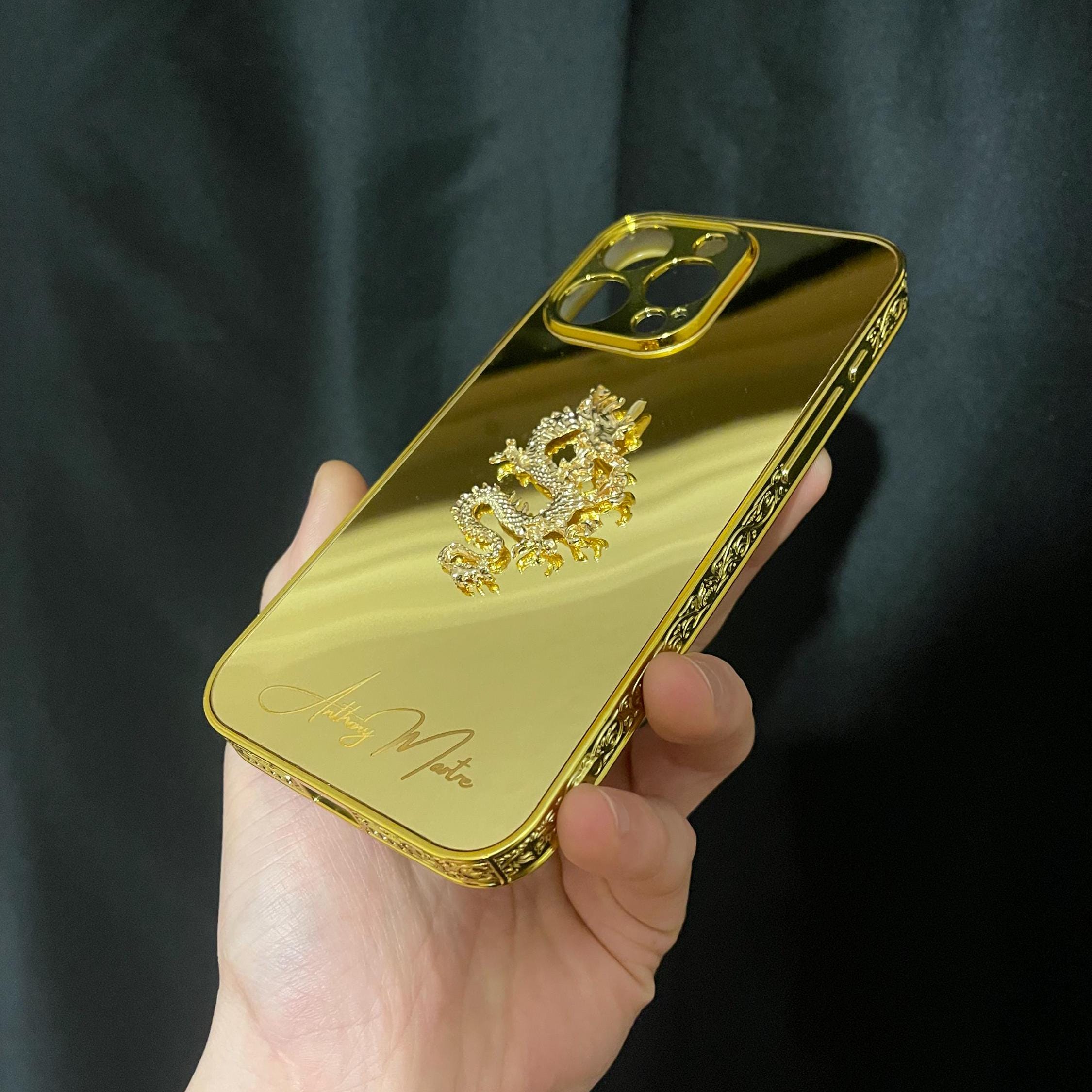 3-D Gold Plated Over Brass Dragon Figured Custom iPhone Case With ...