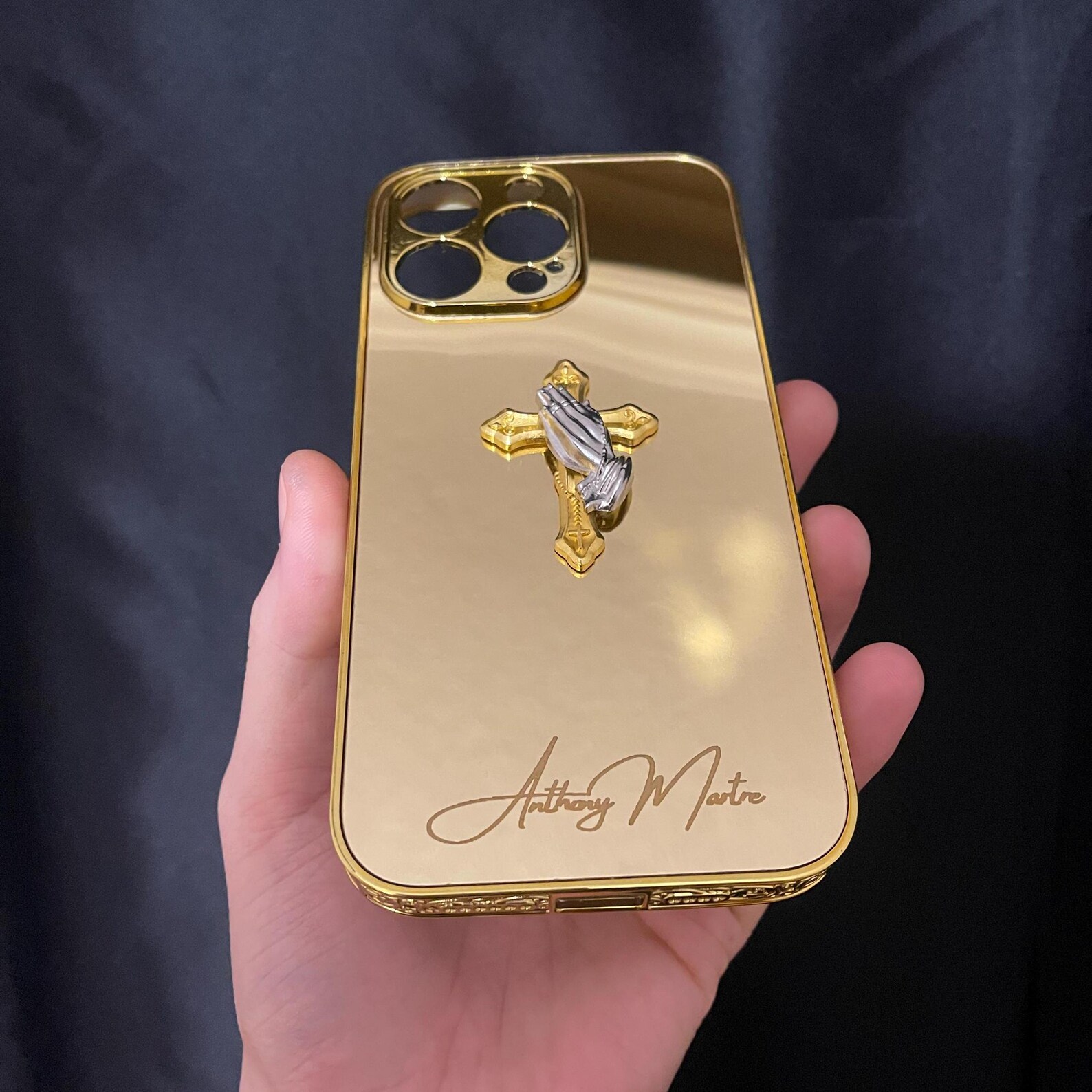 3-D Gold Plated Over Brass Hand of Jesus Cross Figured Custom iPhone ...