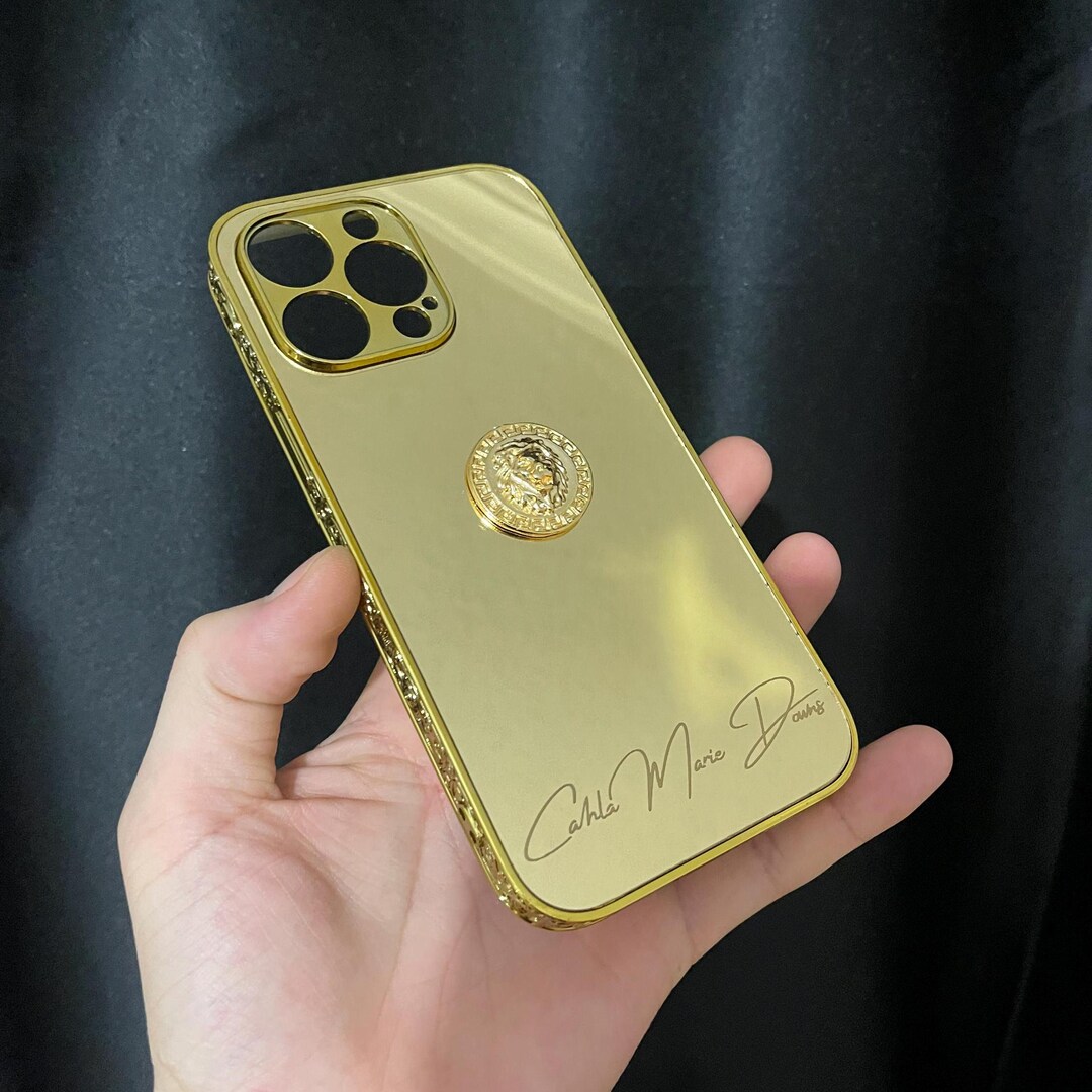 3-D Gold Plated Over Brass Lion Figured Customizable iPhone Case With ...