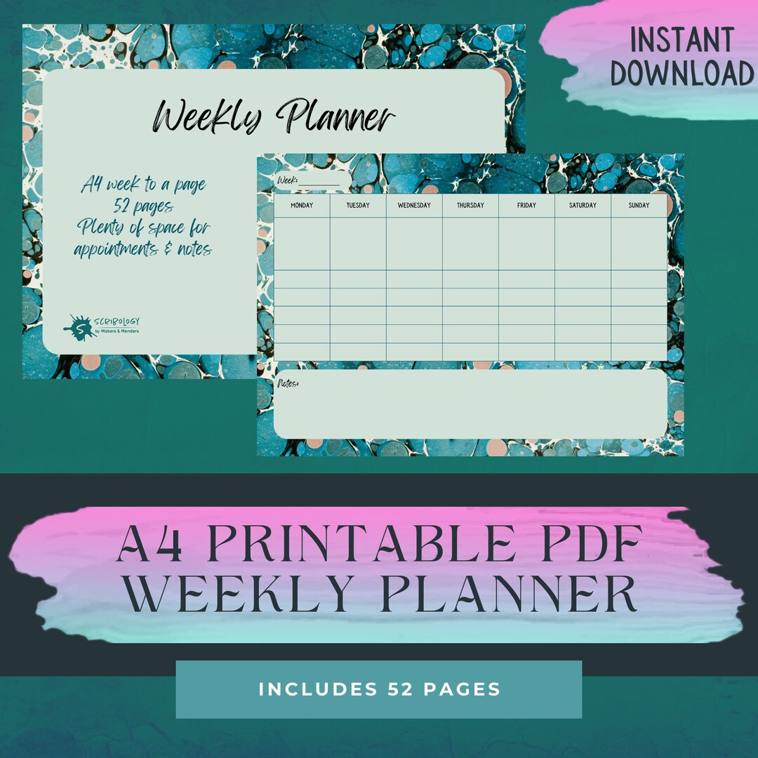 A4 Landscape Printable PDF Weekly Planner 52 Pages Organisers Tracker ...