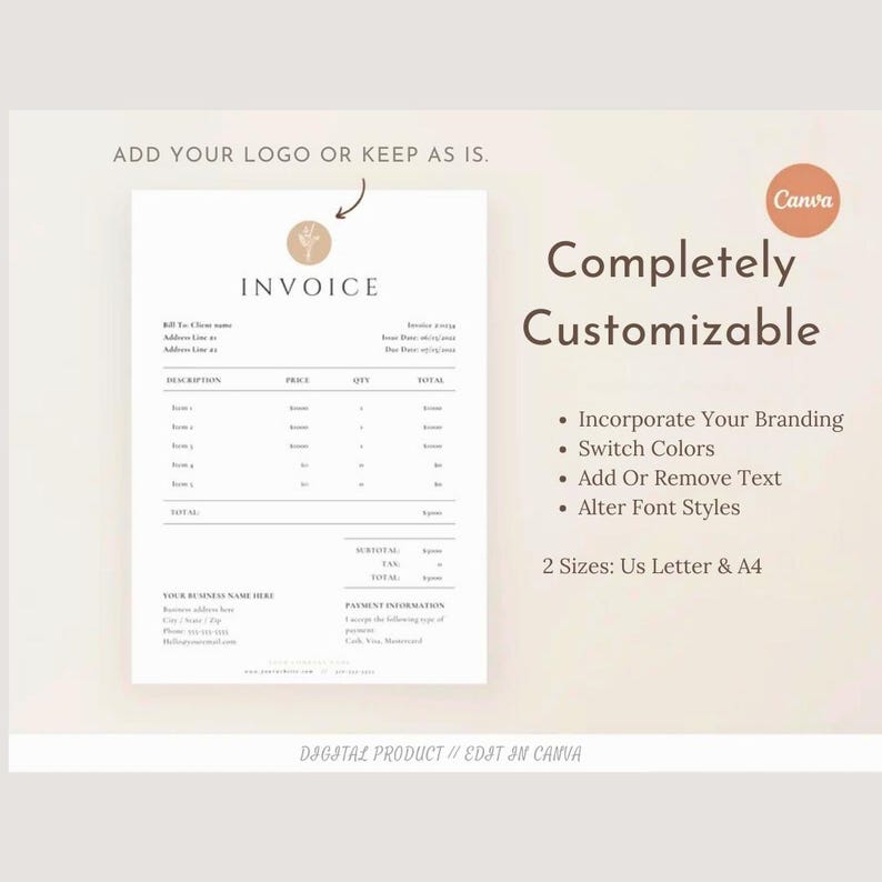 Modern Minimalist Invoice Template for Small Businesses Customizable ...