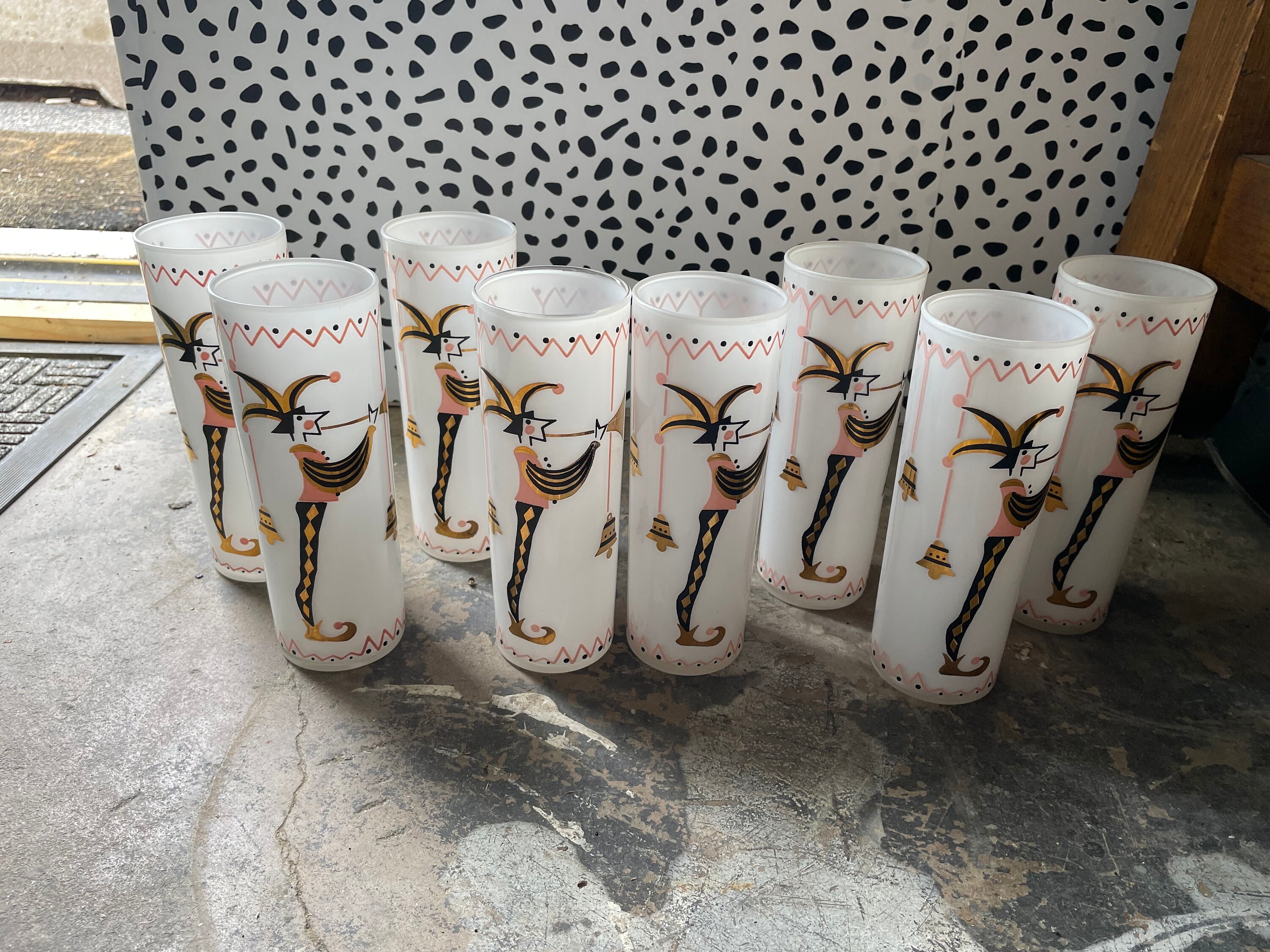 Vintage Cocktail Glasses, Jester With Trumpet & Bells on White Ground ...