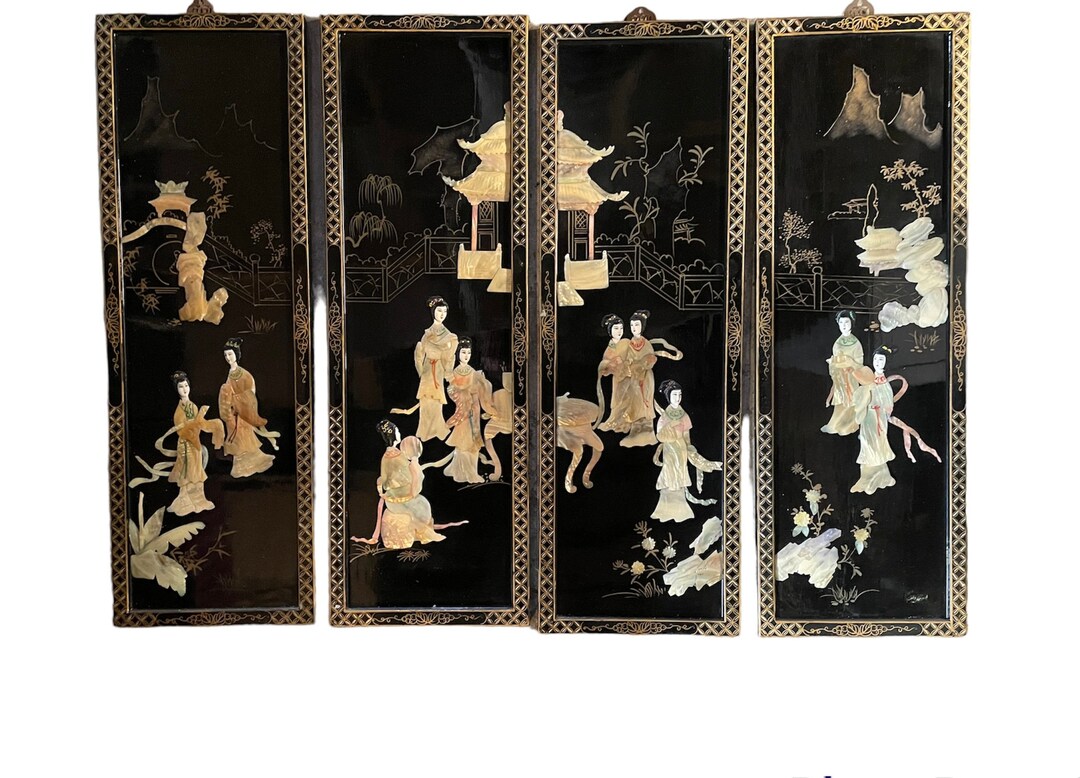 Set of 4 Vintage Oriental Black Lacquer Wall Panels Mother of Pearl - Etsy