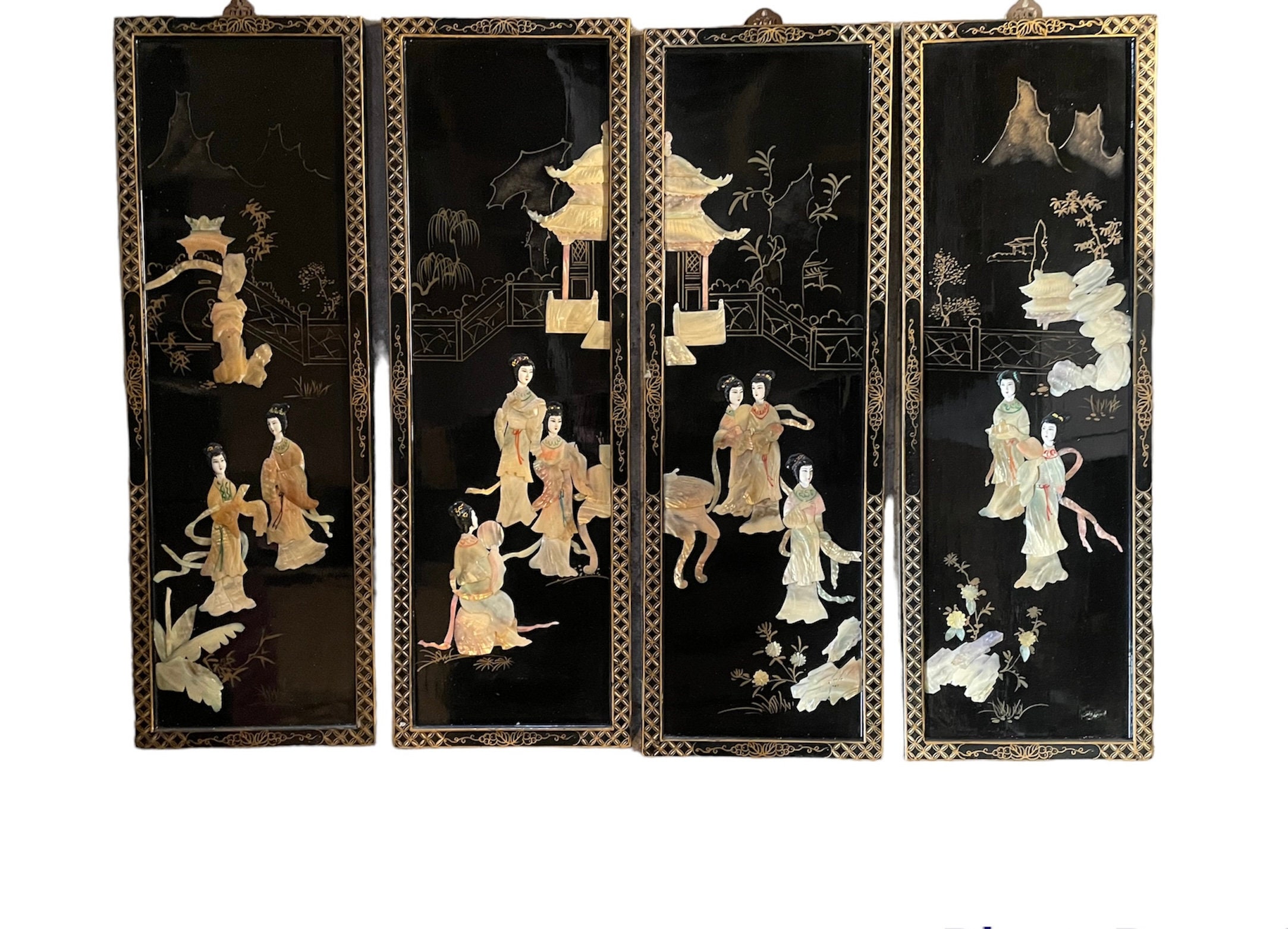 Set of 4 Vintage Oriental Black Lacquer Wall Panels Mother of - Etsy