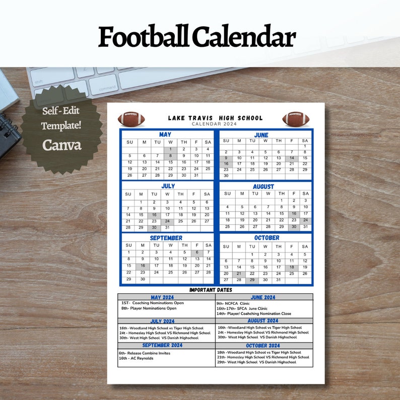 EDITABLE Football Practice and Game Schedule, Football Calendar ...