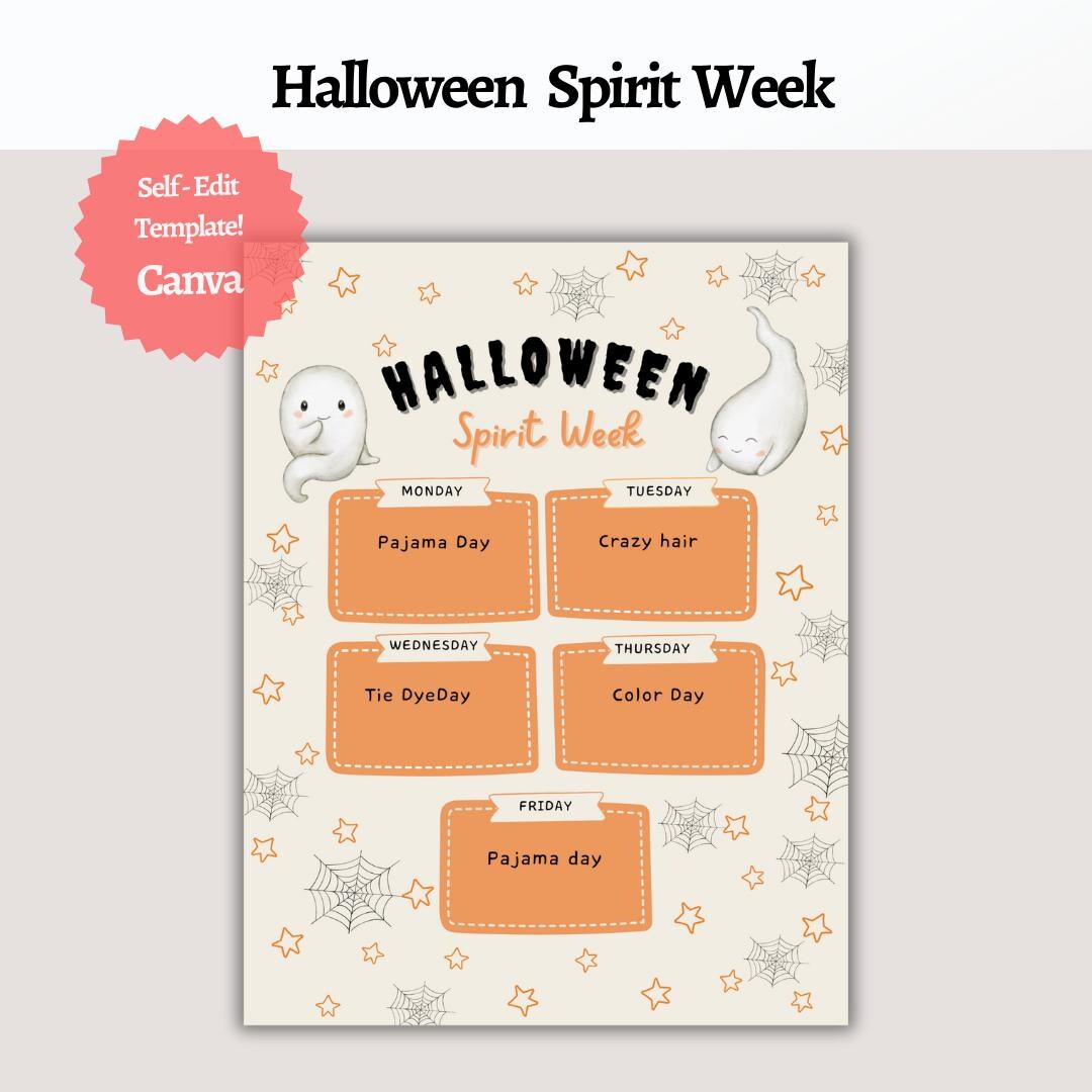 Halloween School Spirit Week Itinerary Schedule, Daily Weekly Calendar ...