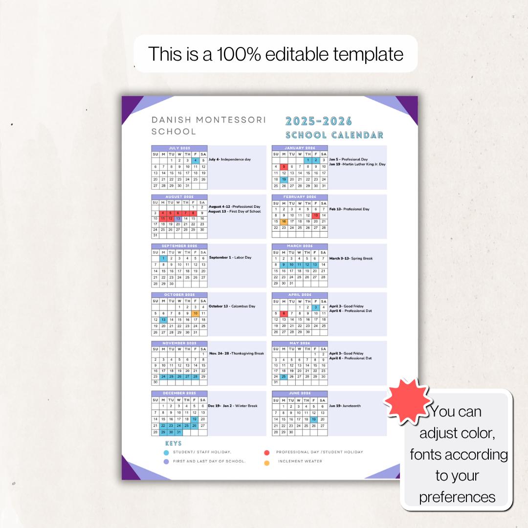 School Calendar 2025- 2026 Perfect for Preschool, Daycare or Childcare ...