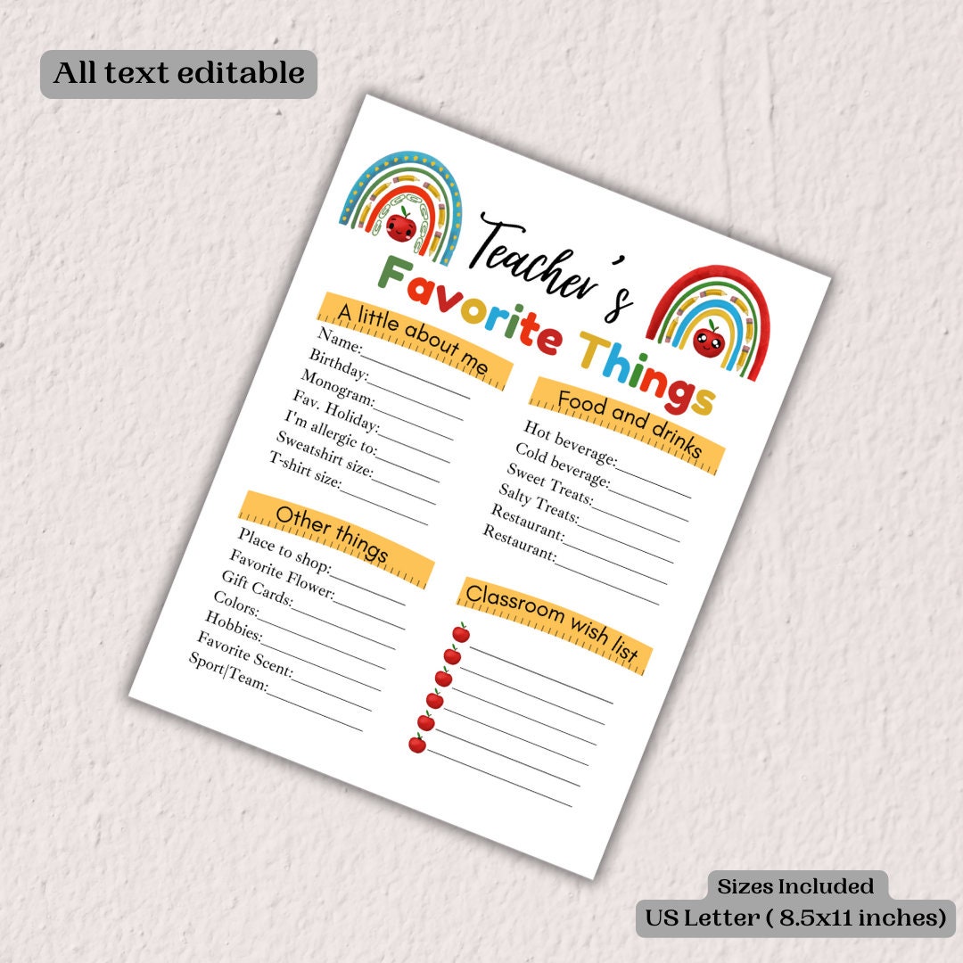Editable Teacher Favorites Survey, Printable Questionnaire (digital ...