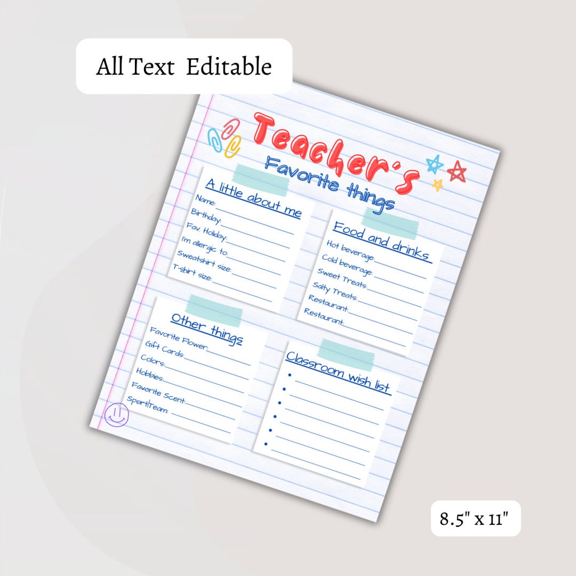 Editable Teacher Favorites Survey/ Meet the Teacher Questionnaire ...