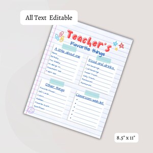 Editable Teacher Favorites Survey/ Meet the Teacher Questionnaire ...