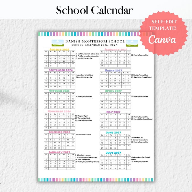 Danish Montessori School Calendar 2026-2027 - Self-edit Template Canva ...