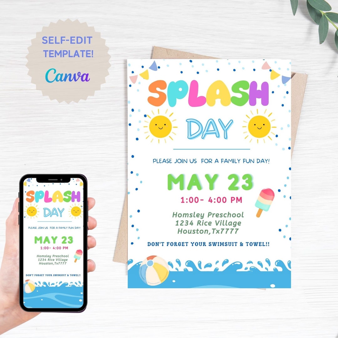 Splash Day Invitation, Preschool, Backyard Splish Splash, EDITABLE ...
