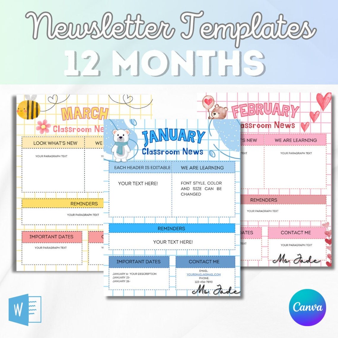 Classroom Newsletter Templates, 12 Designs Included, Word Format, Canva ...