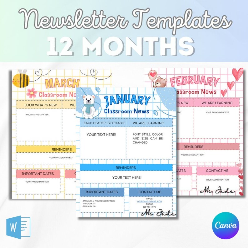 Classroom Newsletter Templates, 12 Designs Included, Word Format, Canva ...