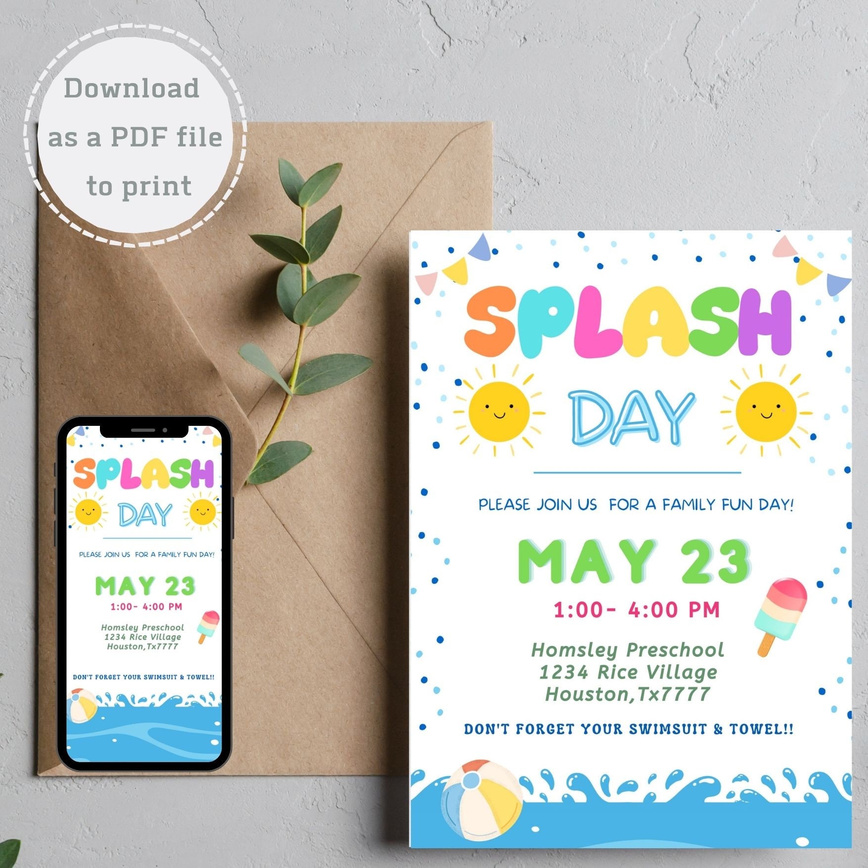 Splash Day Invitation, Preschool, Backyard Splish Splash, EDITABLE ...