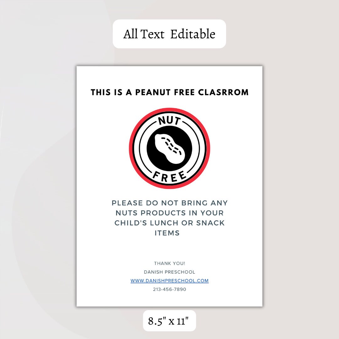 Customizable Nut Free Sign, PRINTABLE INSTANT DOWNLOAD, Classroom ...