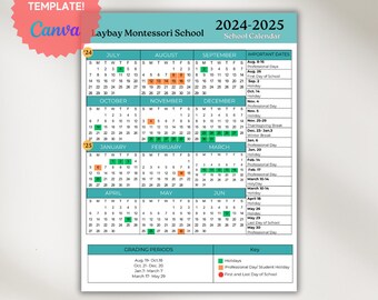 2024-2025 School Calendar Horizontal Perfect for Preschool, Daycare or ...
