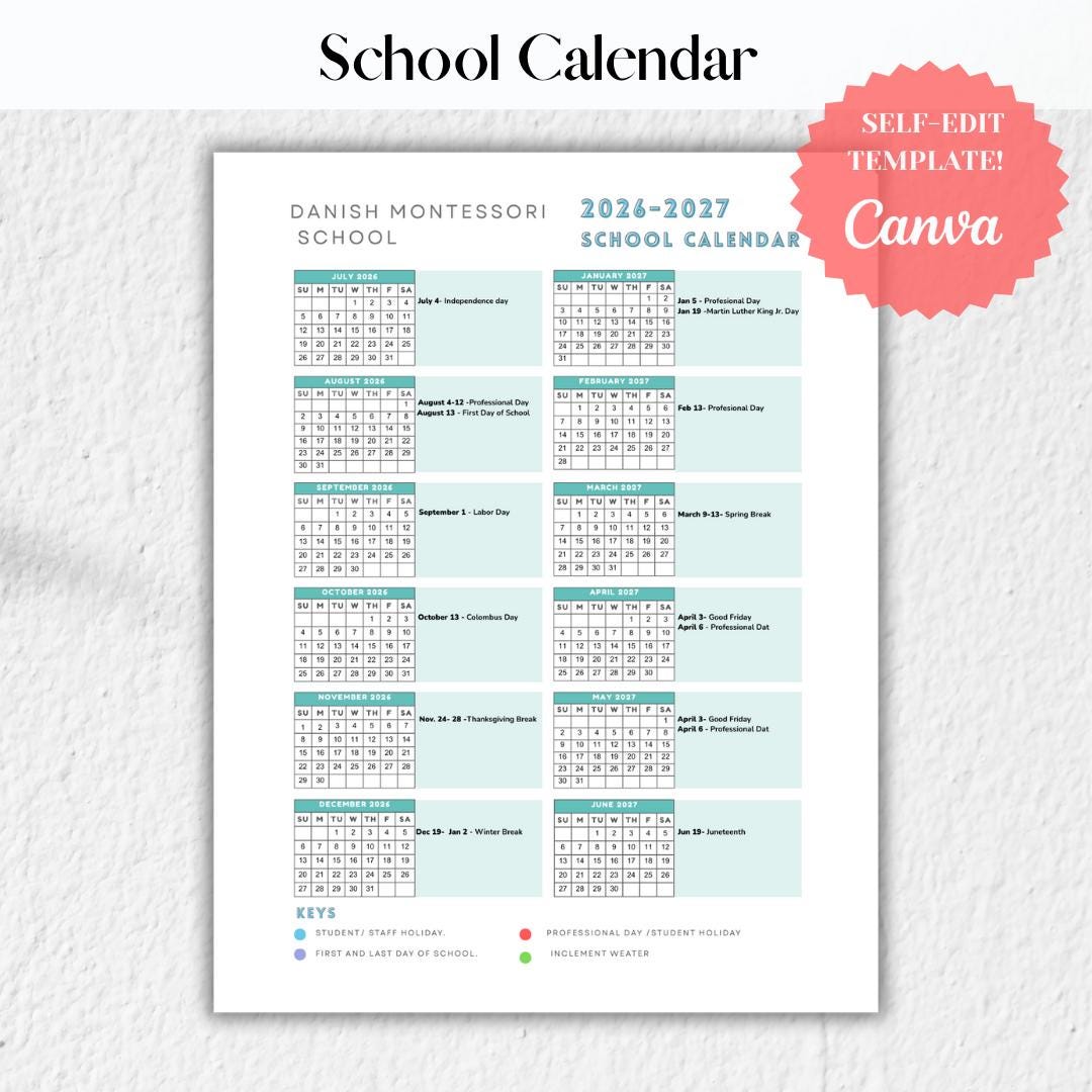 2026-2027 School Calendar, Danish Montessori, Self-edit Canva Template ...